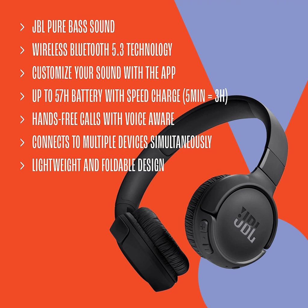 JBL Tune 520BT Wireless On-Ear Headphones - Black