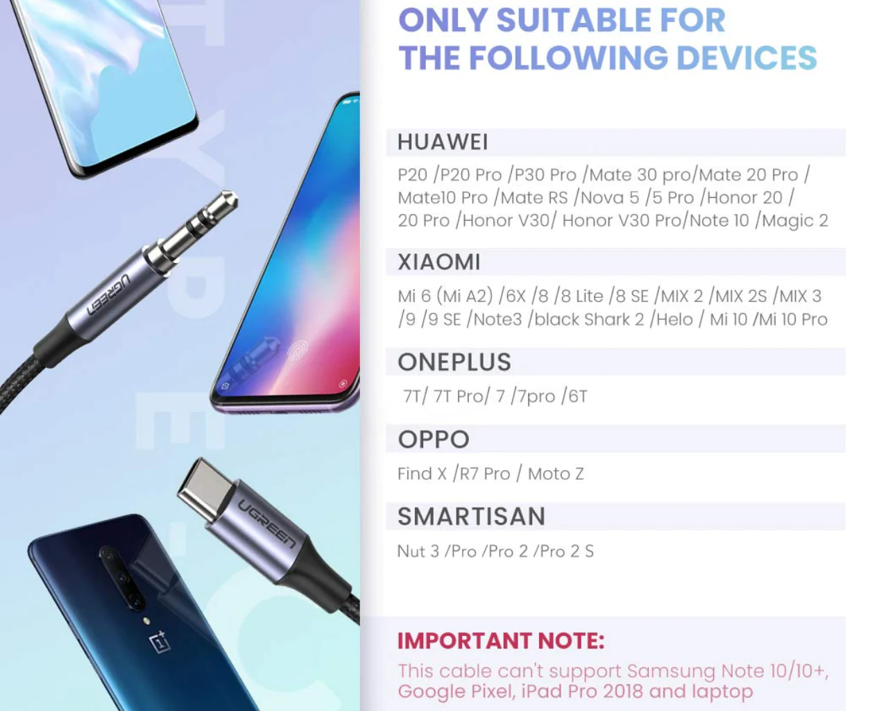 UGREEN Round USB-C Audio Cable 3.5mm M/M Aluminum Shell