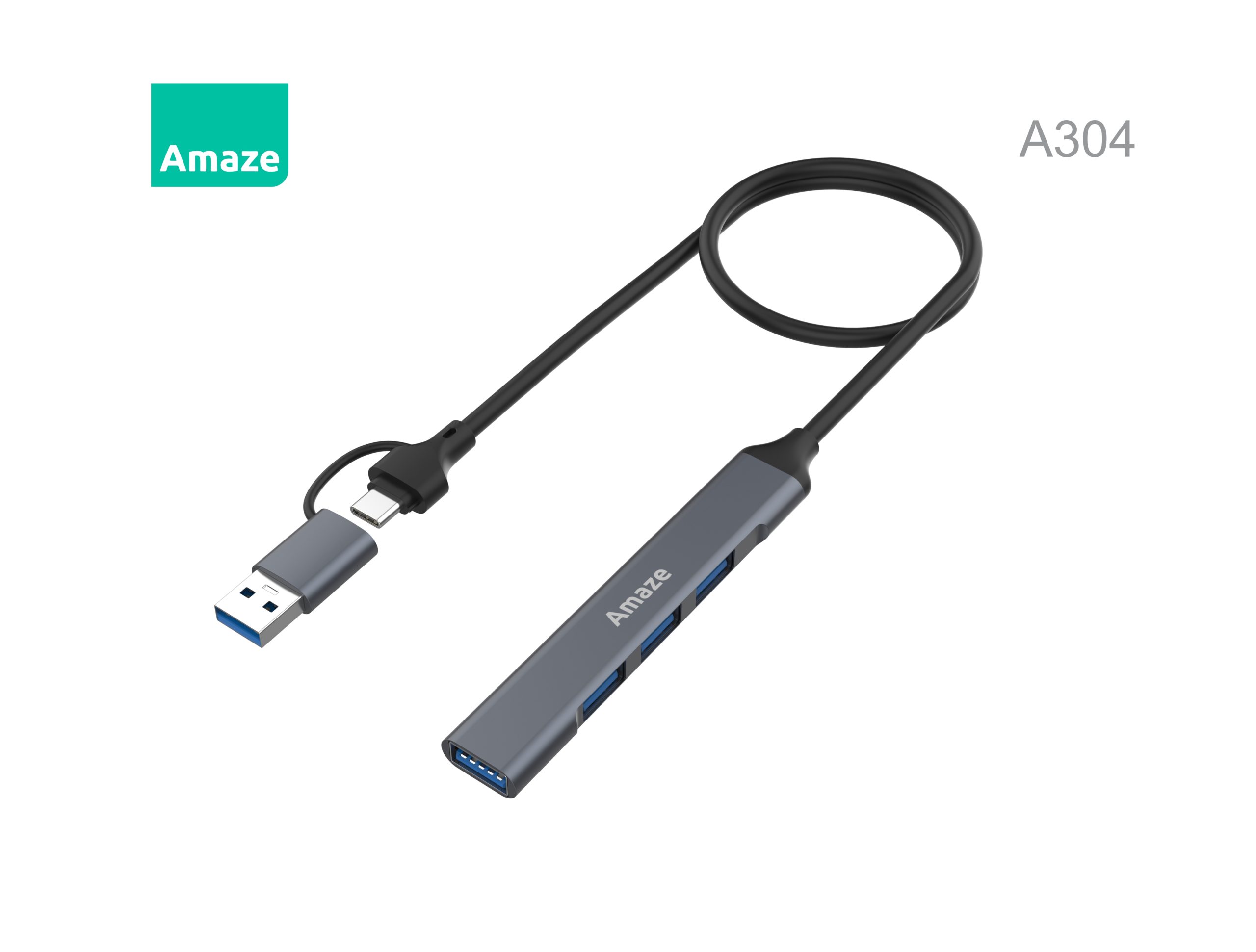 AMAZE A304 USB3.0 + Type c to 4-Port USB 3.0 Hub - Black